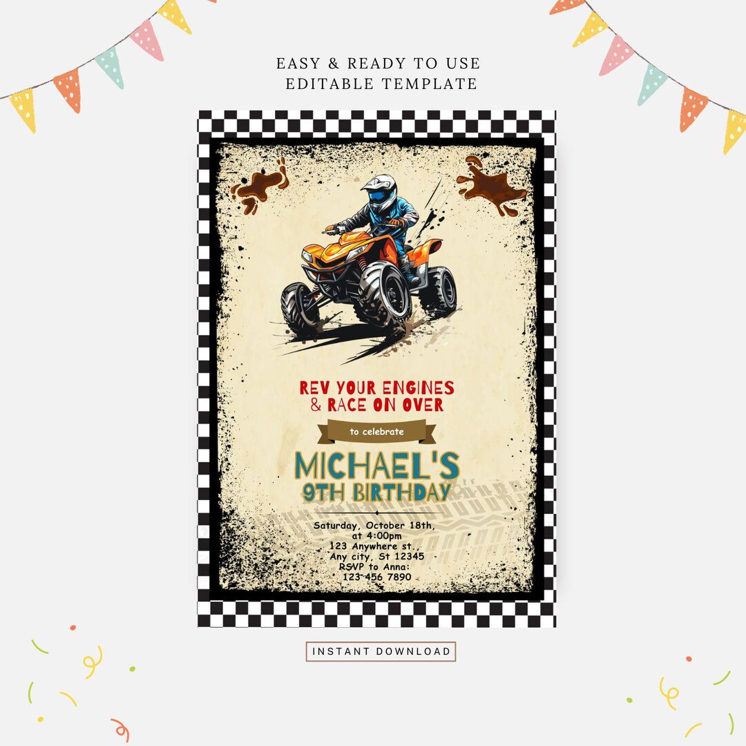 Four Wheeler Bike ATV Invitation, Editable Template, Instant Download ...