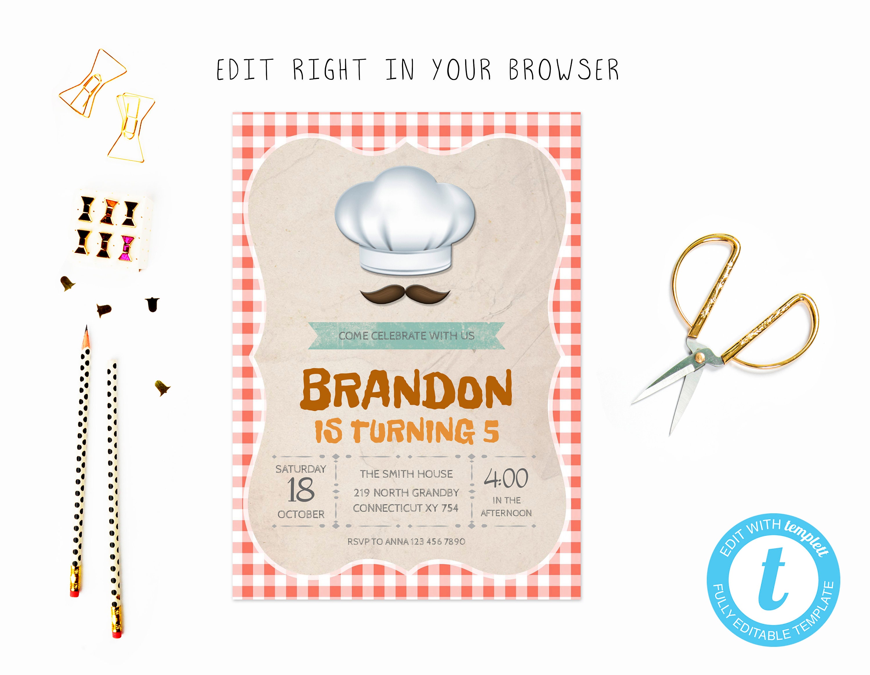 Funny Chef Hat Invite Tem, TRY BEFORE You BUY, Instant Download, Edit ...