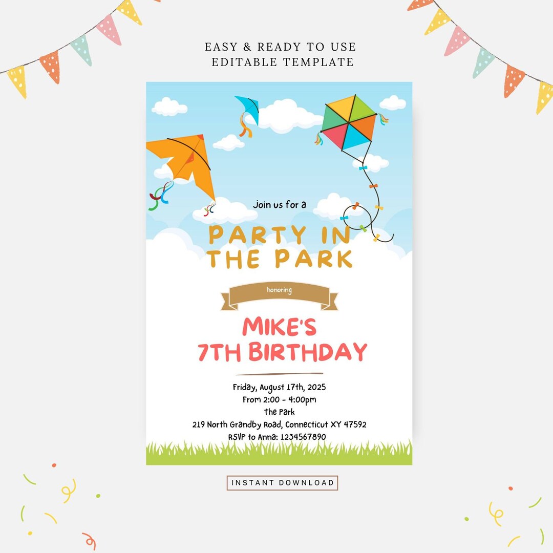 Kites Party in the Park Birthday Party, Editable Template, Instant ...