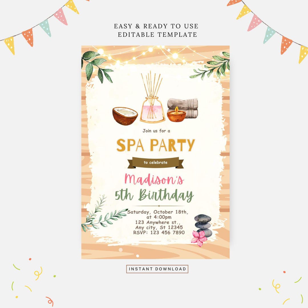 Spa Party Invitation, Editable Template, Instant Download, DIY ...
