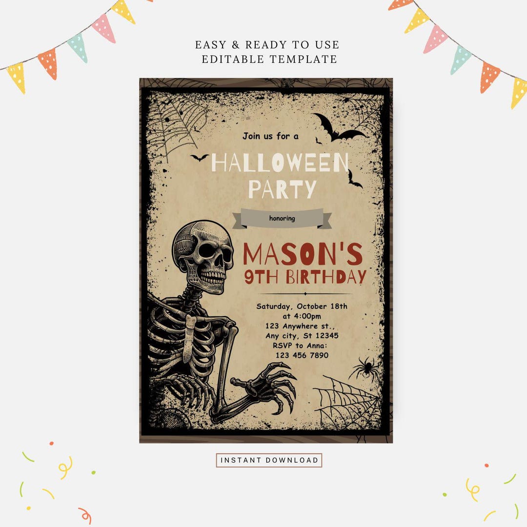 Vintage Halloween Skeleton Invitation, Editable Template, Instant ...