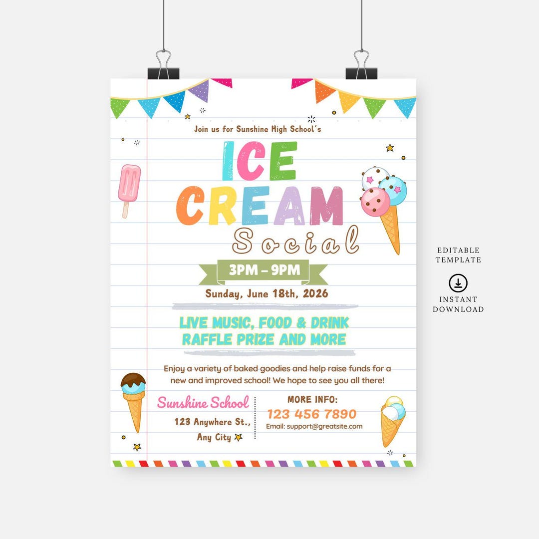 Social Ice Cream Fundraiser Flyer, Editable Template, Instant Download ...