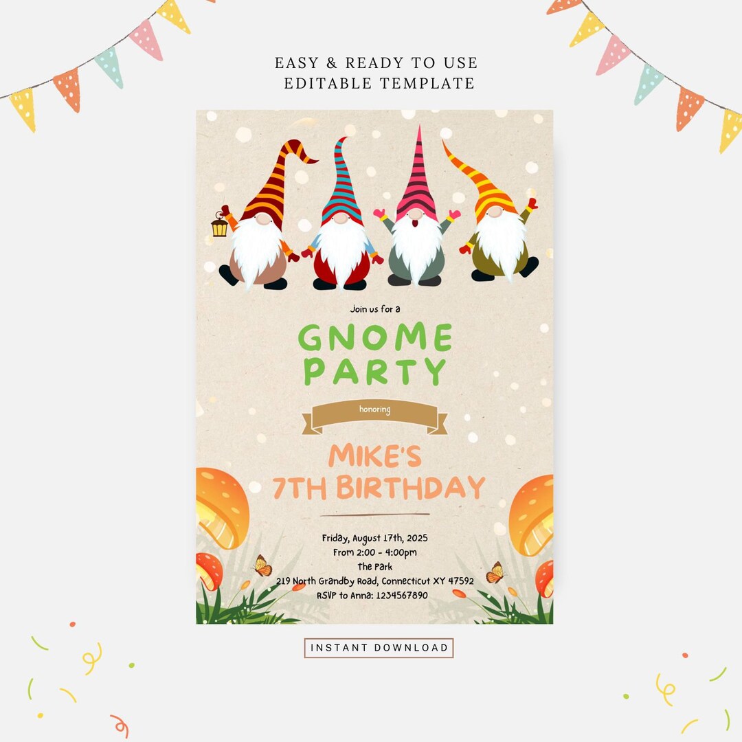 Gnome Birthday Party, Editable Template, Instant Download, DIY ...