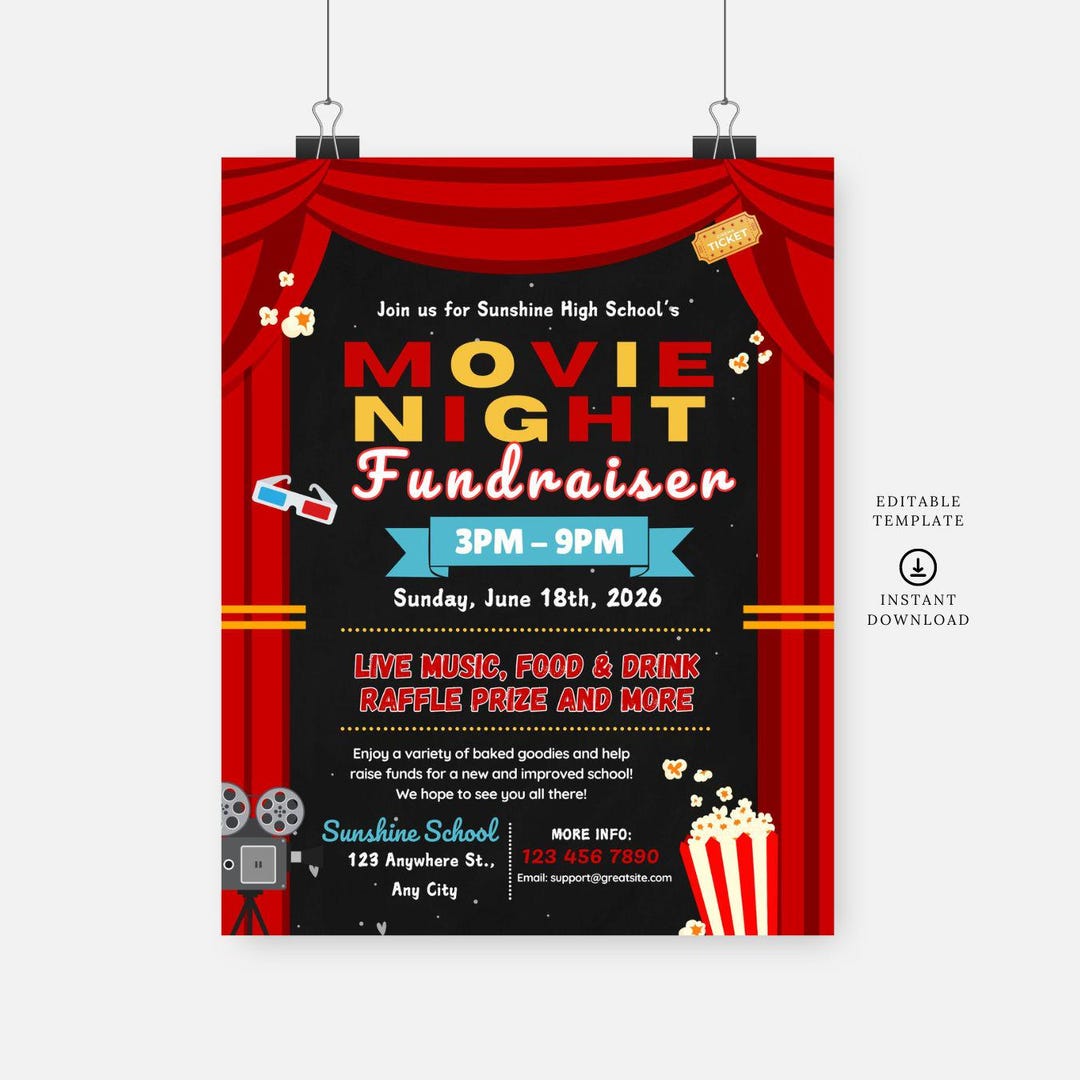Movie Night Fundraiser Flyer, Editable Template, Instant Download, DIY ...