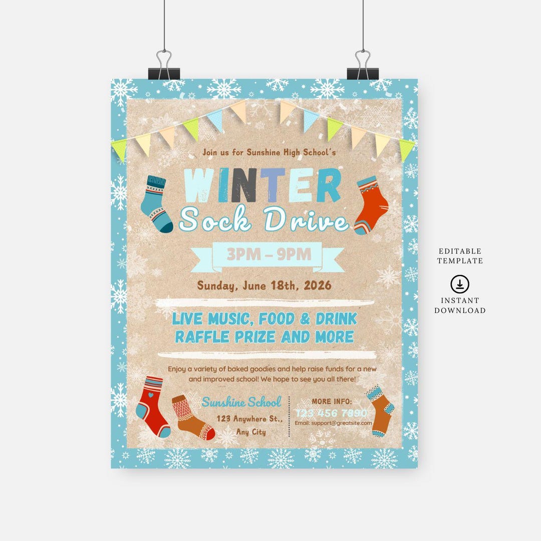 Winter Sock Drive Fundraiser Flyer, Editable Template, Instant Download ...