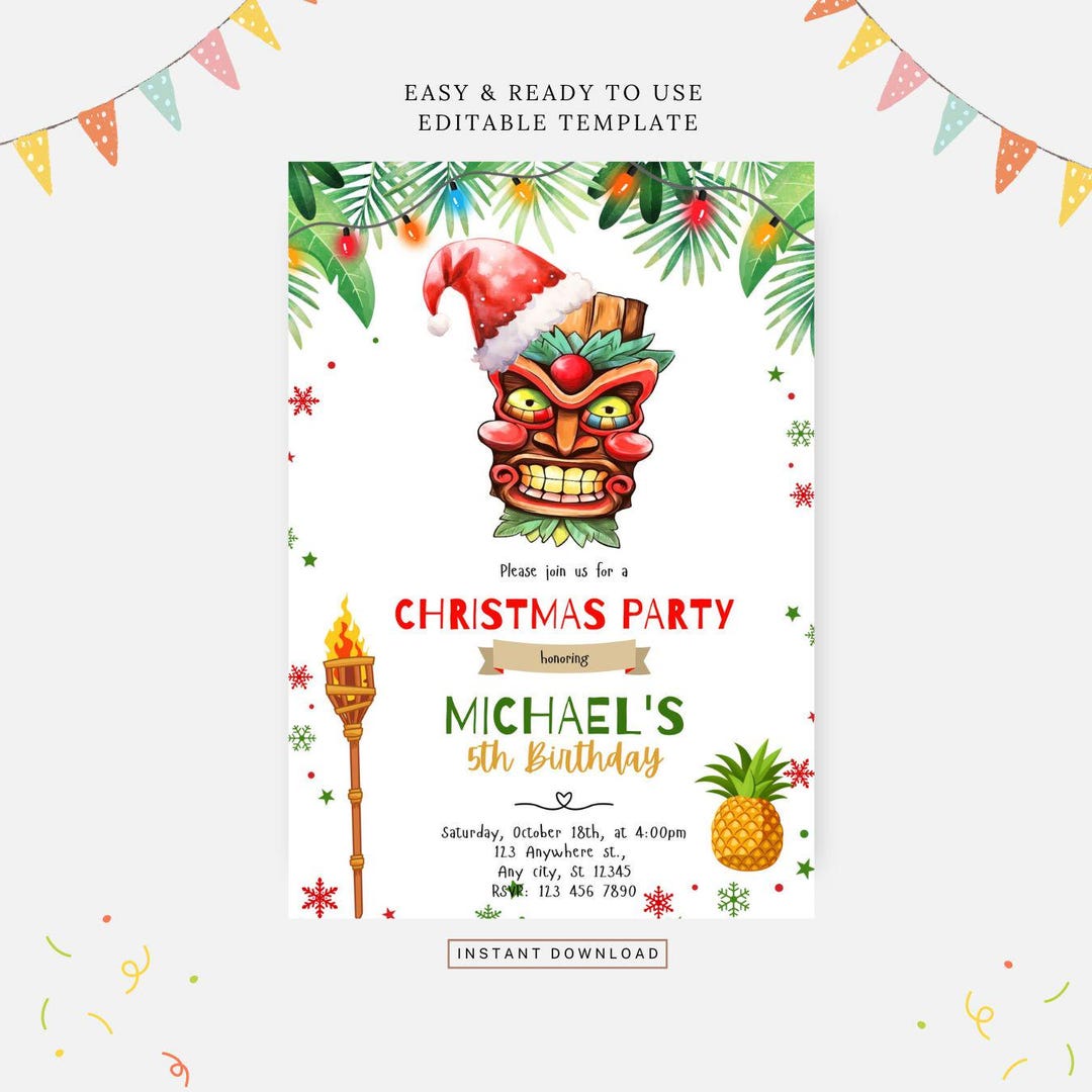 Christmas Luau Tiki Invitation, Editable Template, Instant Download ...