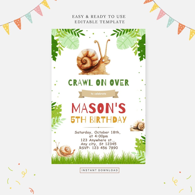 Invitación de cumpleaños de caracol, plantilla editable, descarga ...