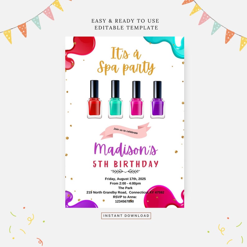 Nail Polish Spa Birthday Party, Editable Template, Instant Download ...