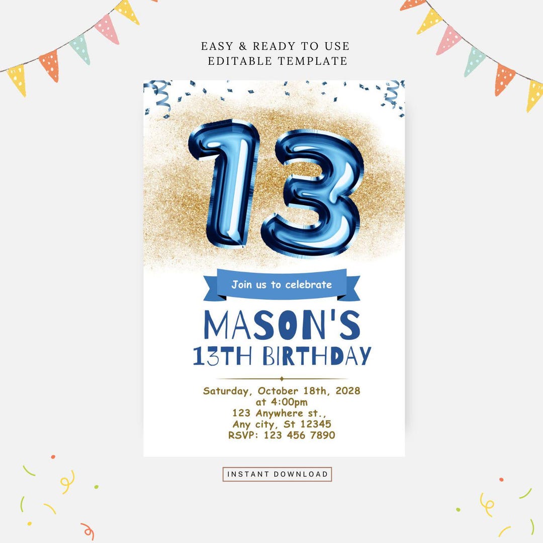 Blue Gold Boy 13 Birthday Invitation, Editable Template, Instant ...