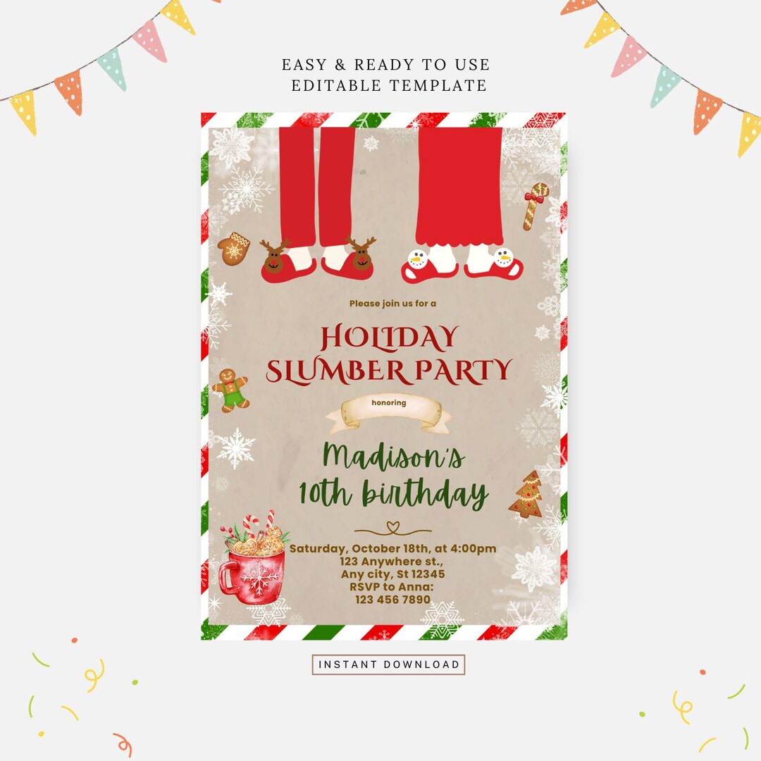 Christmas Sleepover Party Invitation, Editable Template, Instant ...