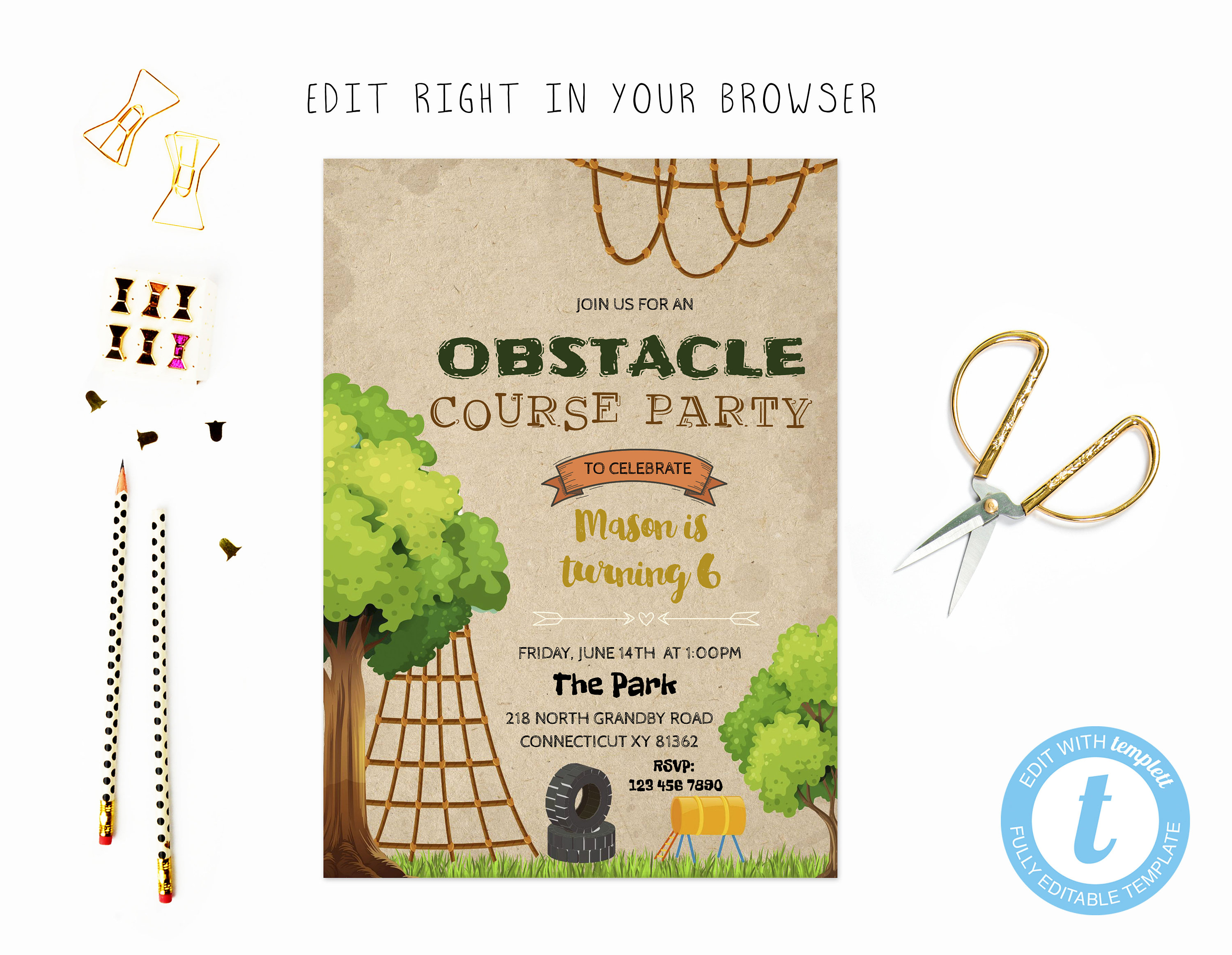 TRY BEFORE you BUY TreeTop Course party tem edit yourself invitation ...