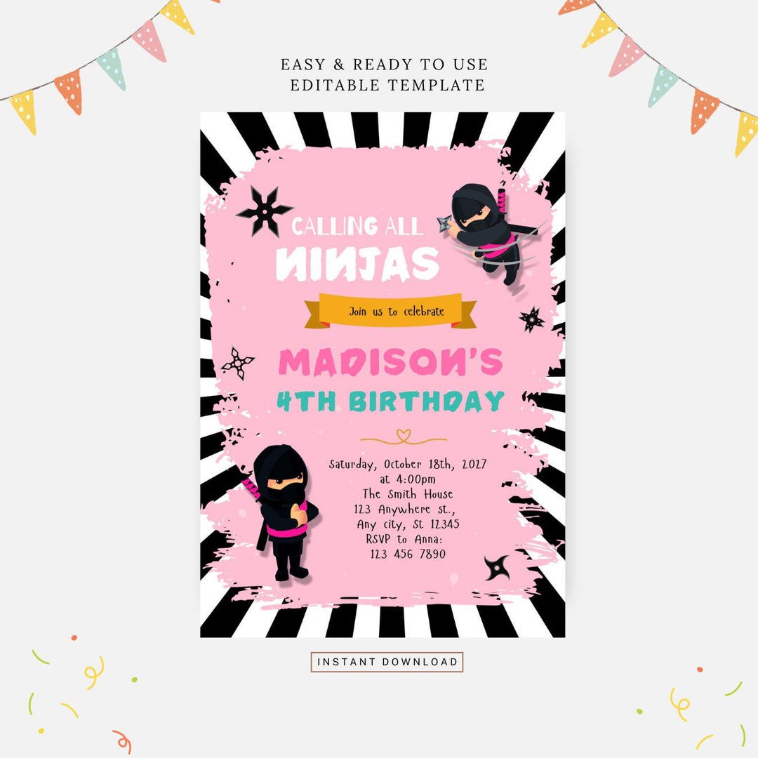 Ninja Girl Birthday Party Invitation, Editable Template, Instant ...