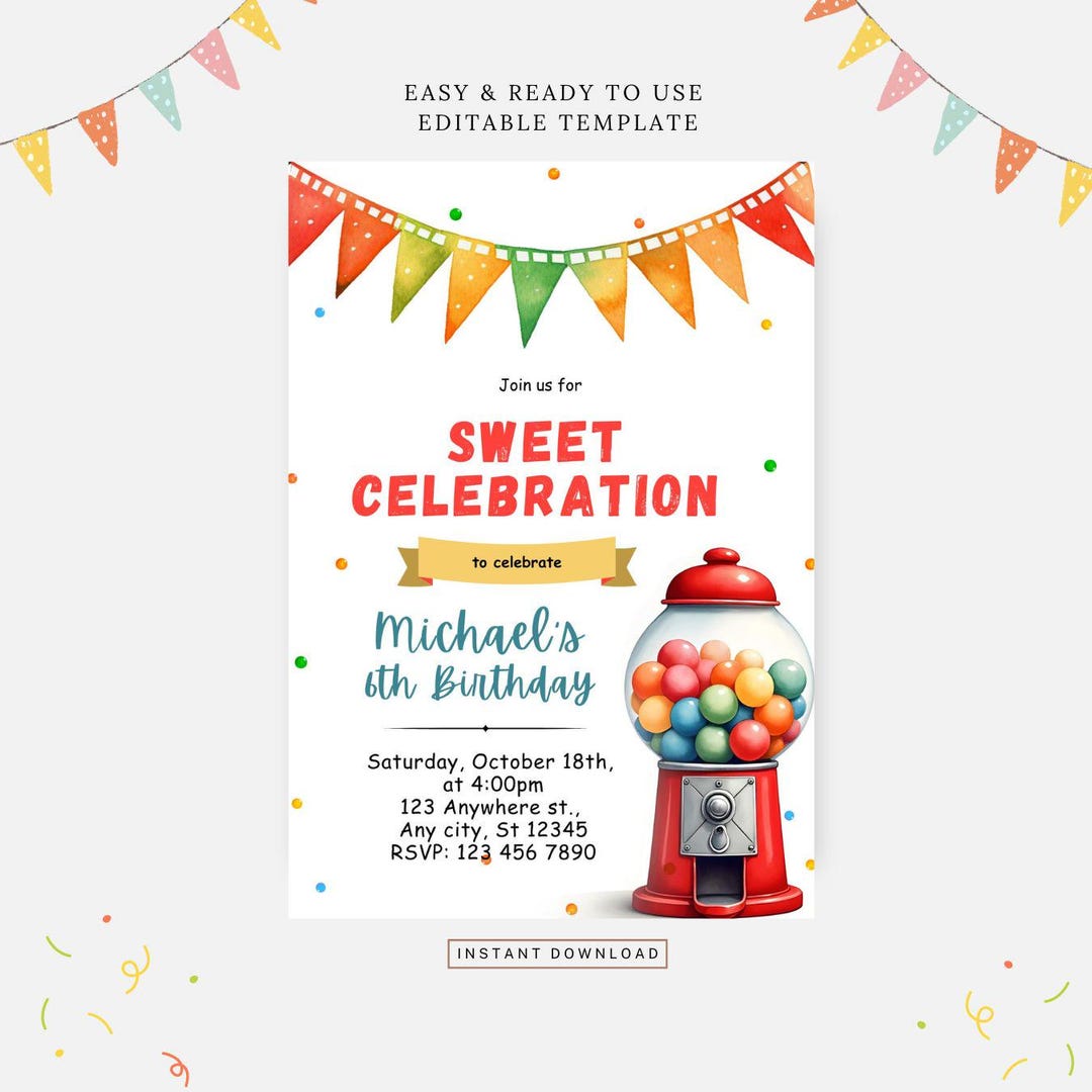 Gumball Machine Party Invitation, Editable Template, Instant Download ...