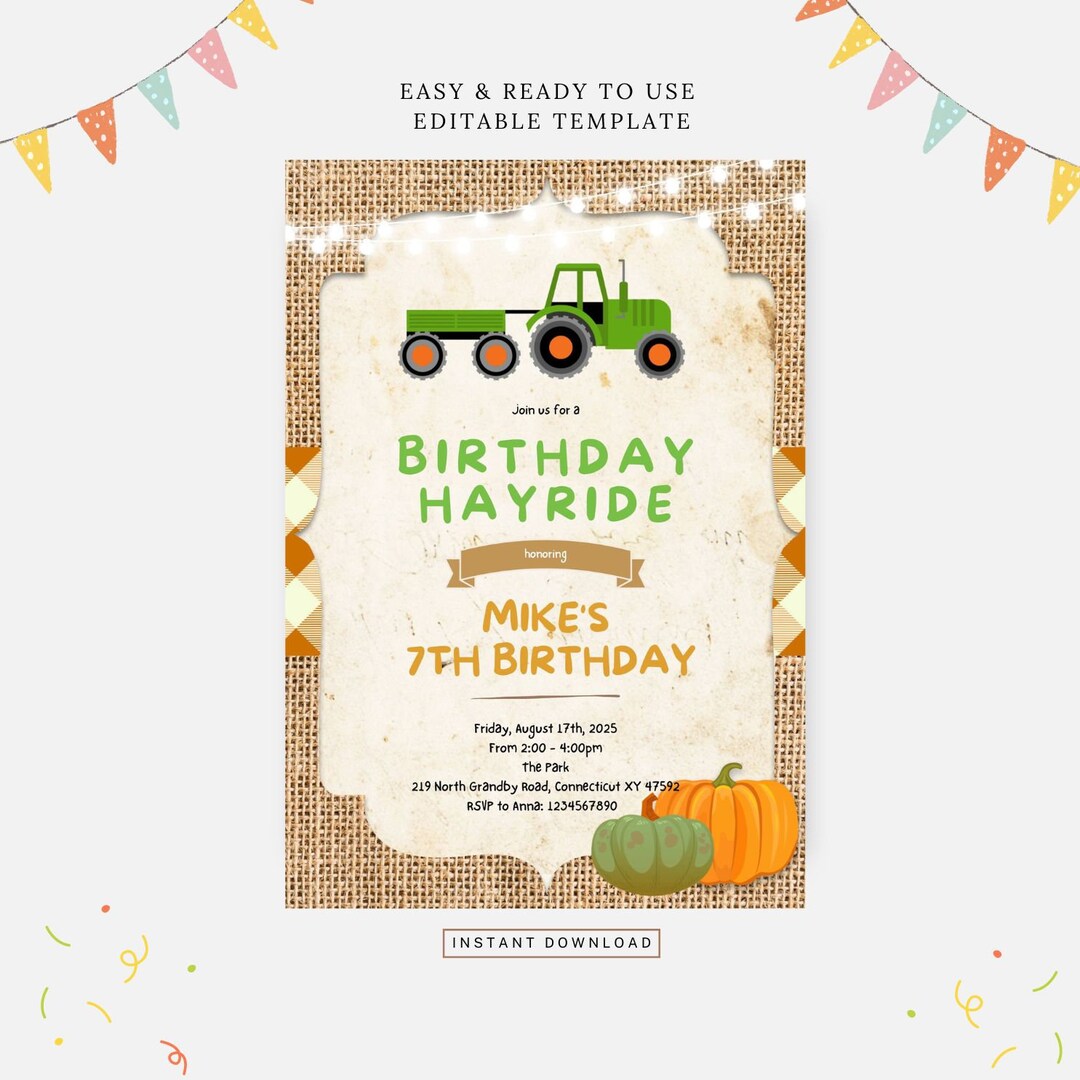Hay Ride Birthday, Editable Template, Instant Download, DIY Invitation ...