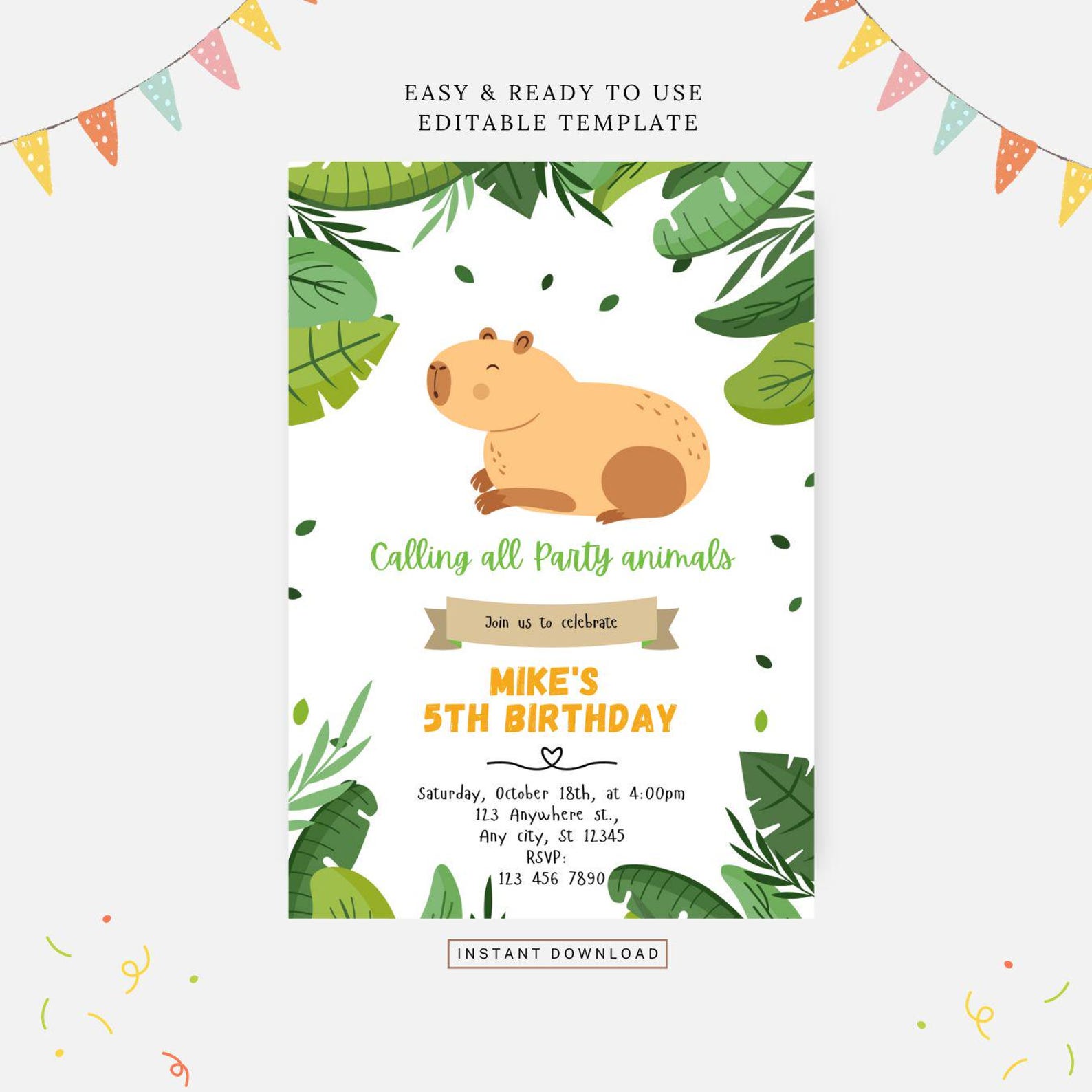 Invitación de cumpleaños de capibara, plantilla editable, descarga ...