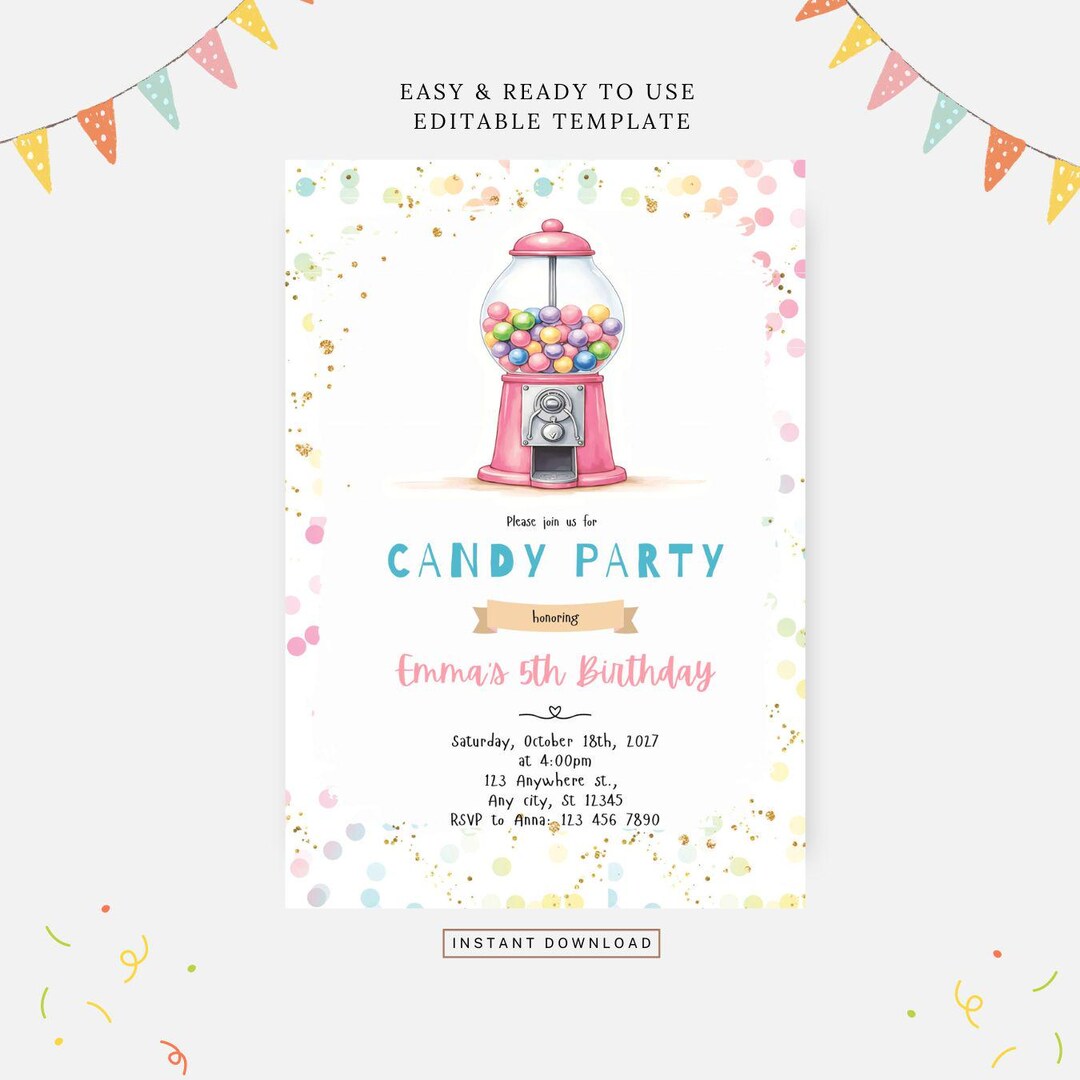 Gumball Machine Birthday Girl Invitation, Editable Template, Instant ...