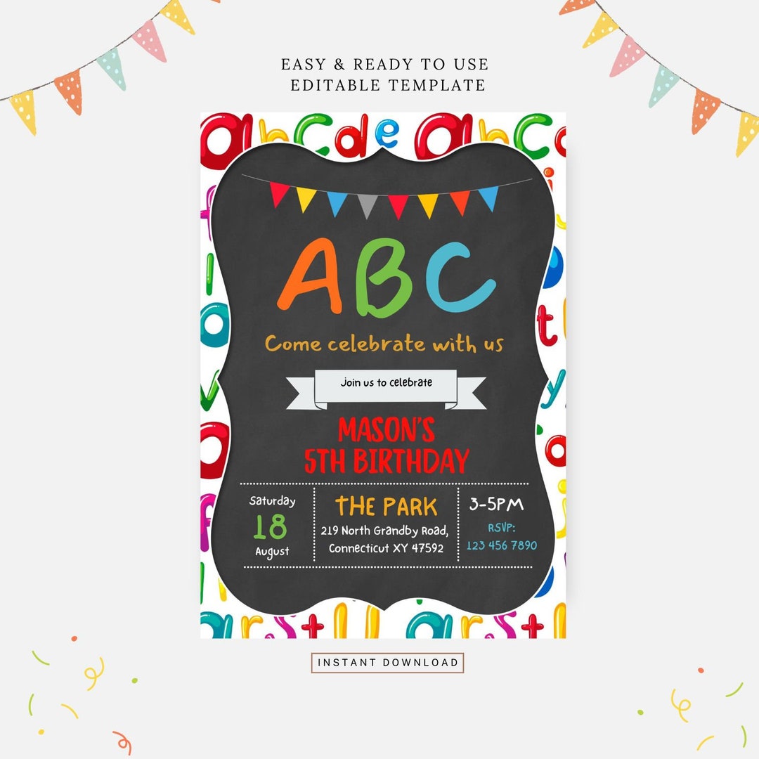 Alphabet Theme Birthday, Editable Template, Instant Download, DIY ...