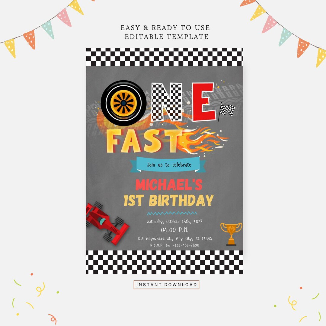 ONE Fast Birthday Party Invitation, Editable Template, Instant Download ...