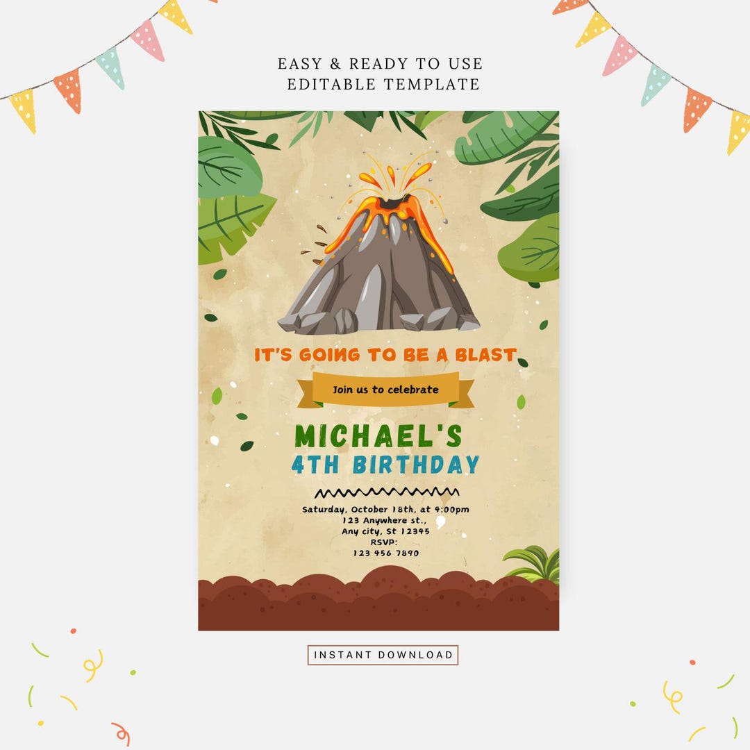 Volcano Birthday Party Invitation, Editable Template, Instant Download ...