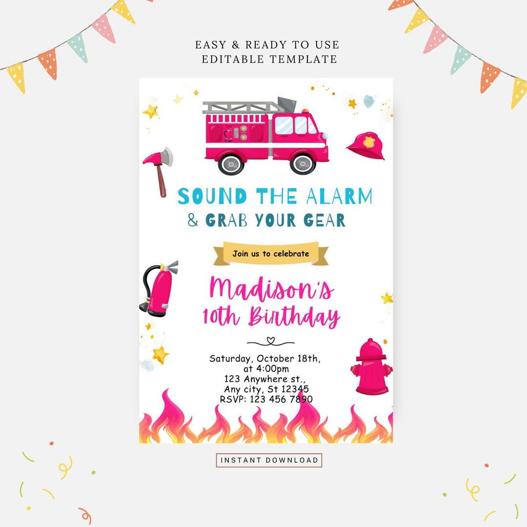Girl Firefighter Party Invitation, Editable Template, Instant Download ...