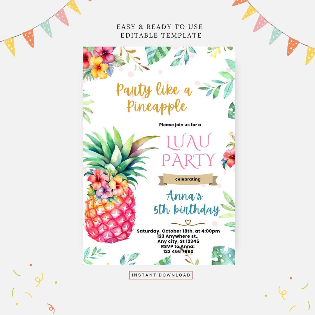 Pineapple Party Invitation, Editable Template, Instant Download, DIY ...