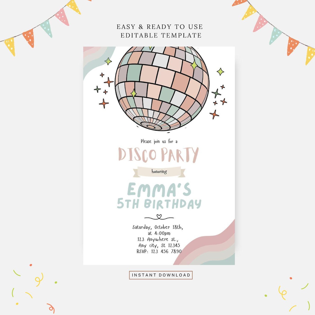 70s Disco Party Invitation, Editable Template, Instant Download, DIY ...