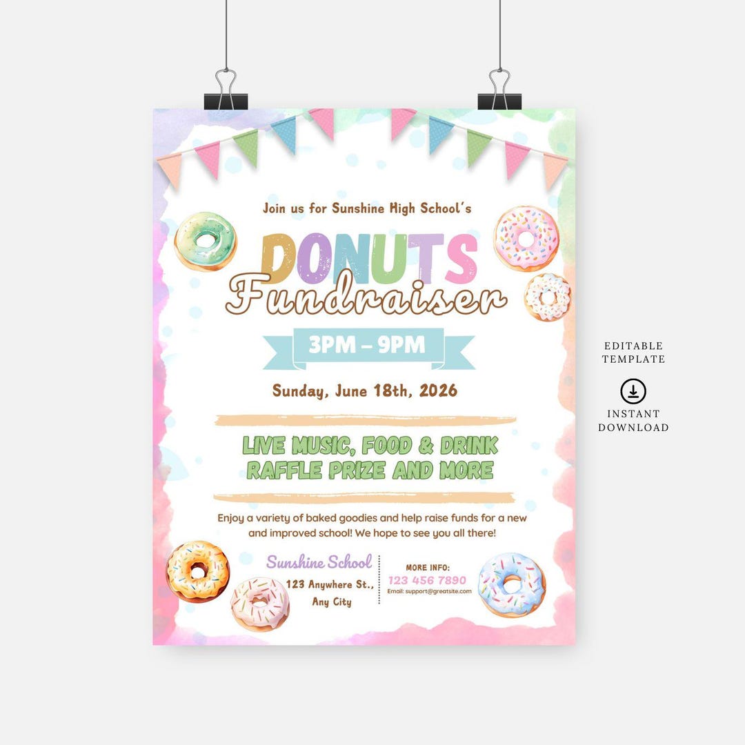 Donuts Party Fundraiser Flyer, Editable Template, Instant Download, DIY ...