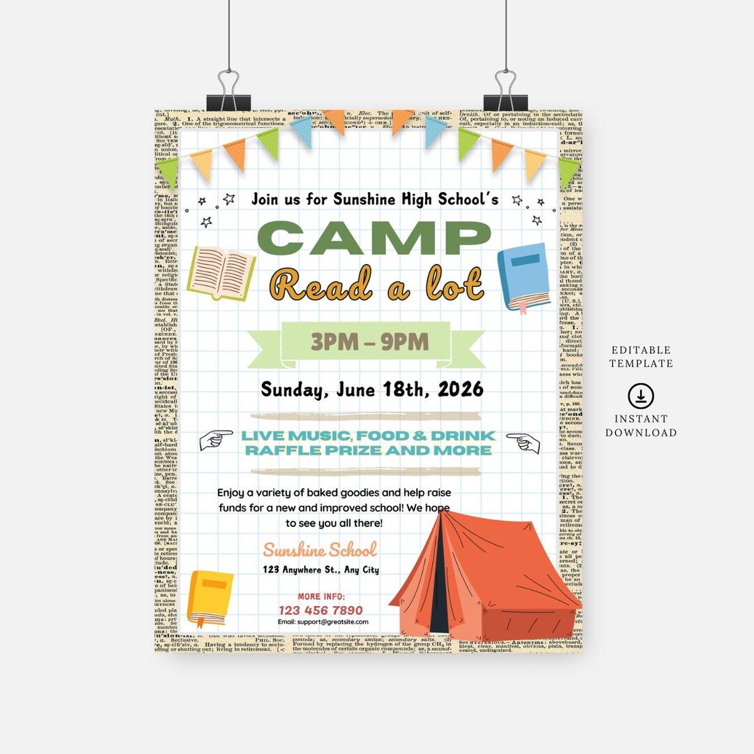 Camp Read a Lot Book Flyer, Editable Template, Instant Download, DIY ...