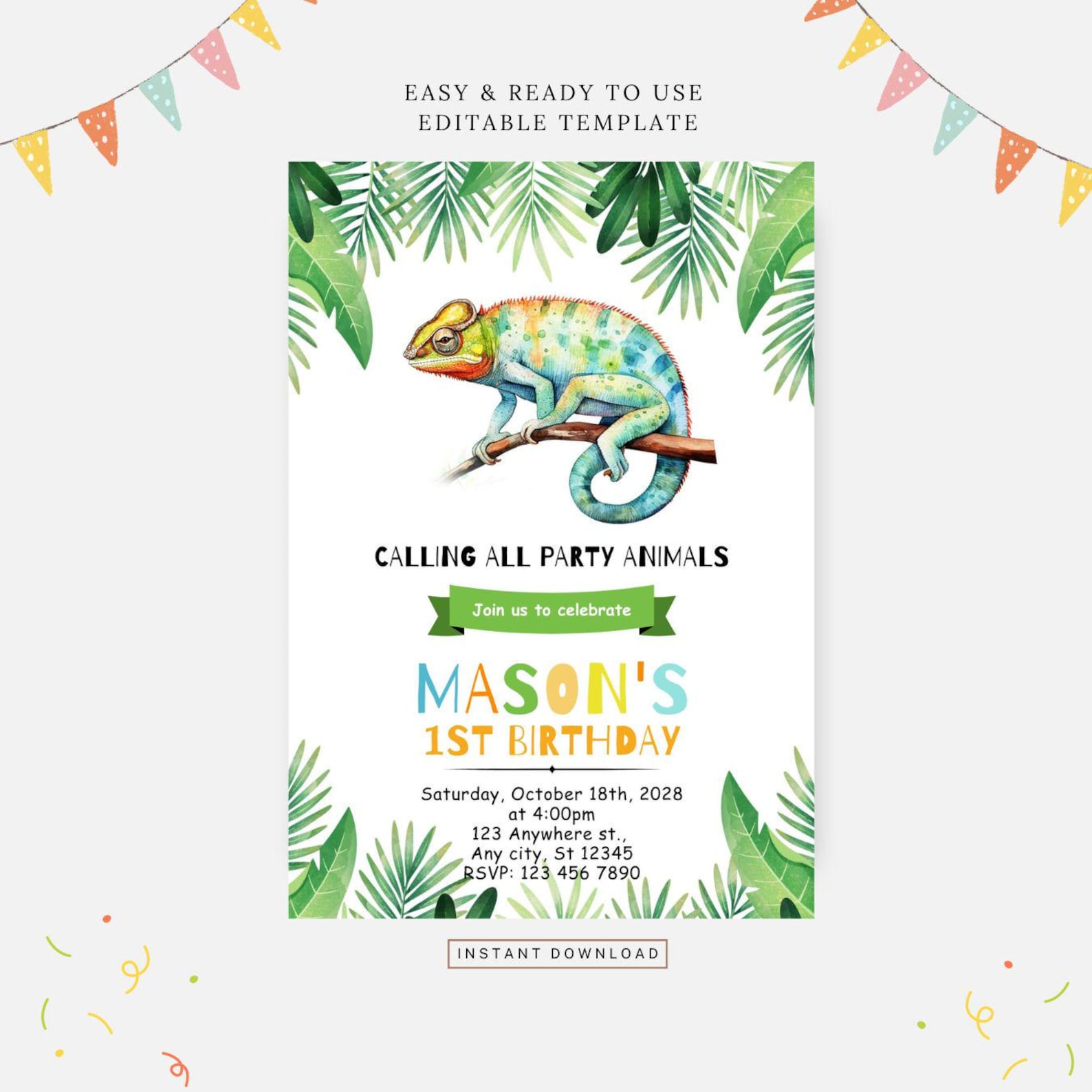 Chameleon Party Invitation, Editable Template, Instant Download, DIY ...