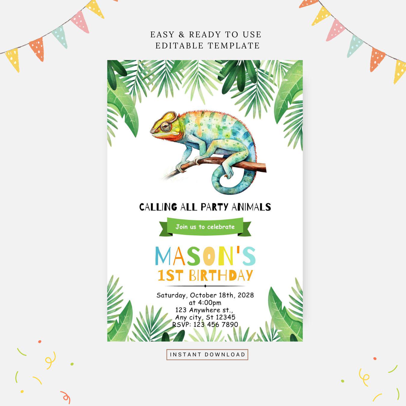 Chameleon Party Invitation, Editable Template, Instant Download, DIY ...