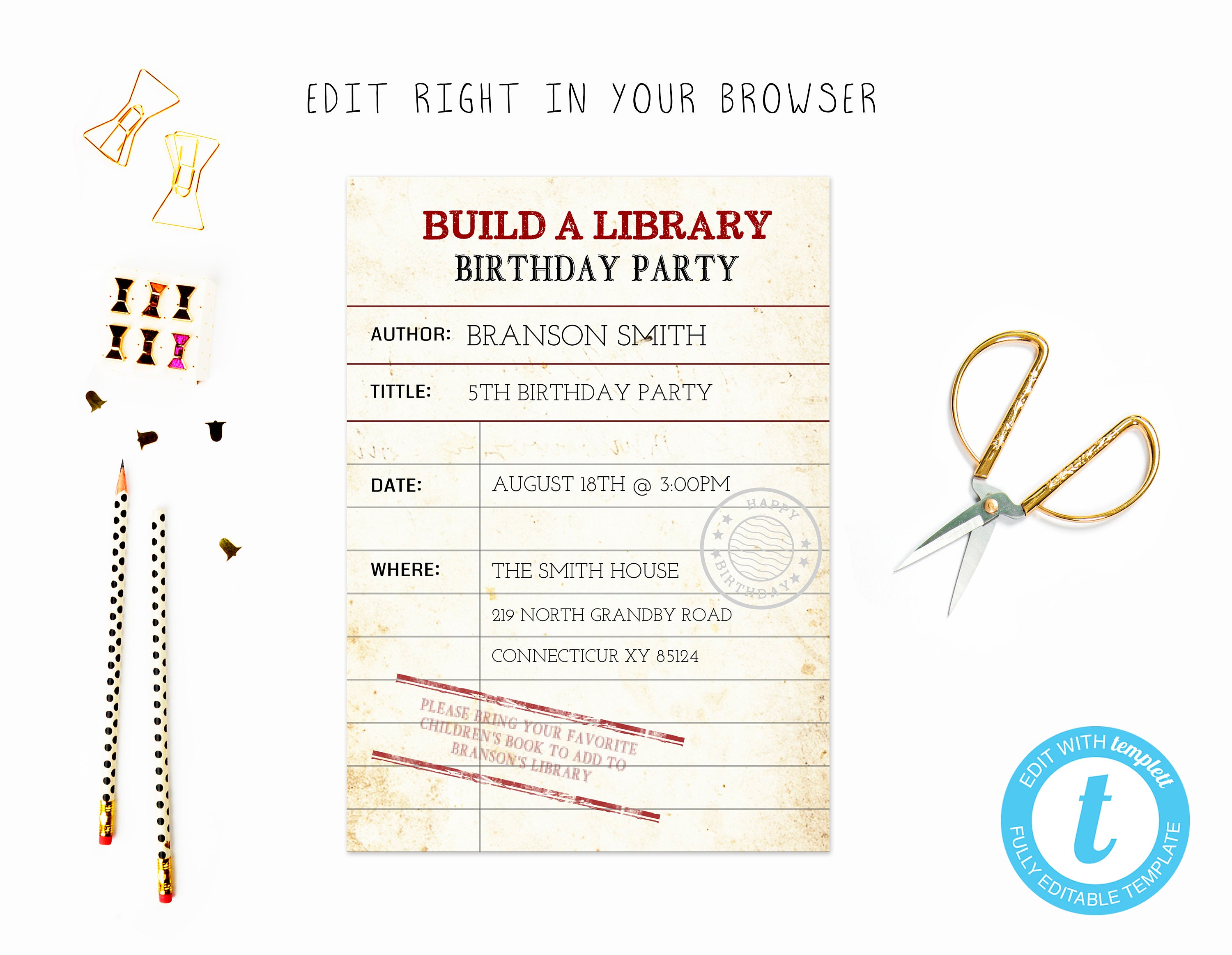 Library Card Birthday Invitation