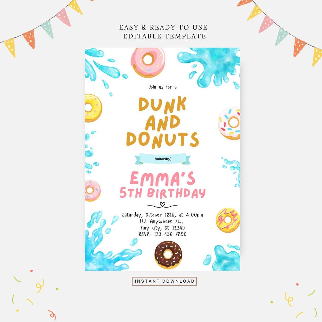 Donut Pool Party Girl Invitation, Editable Template, Instant Download ...