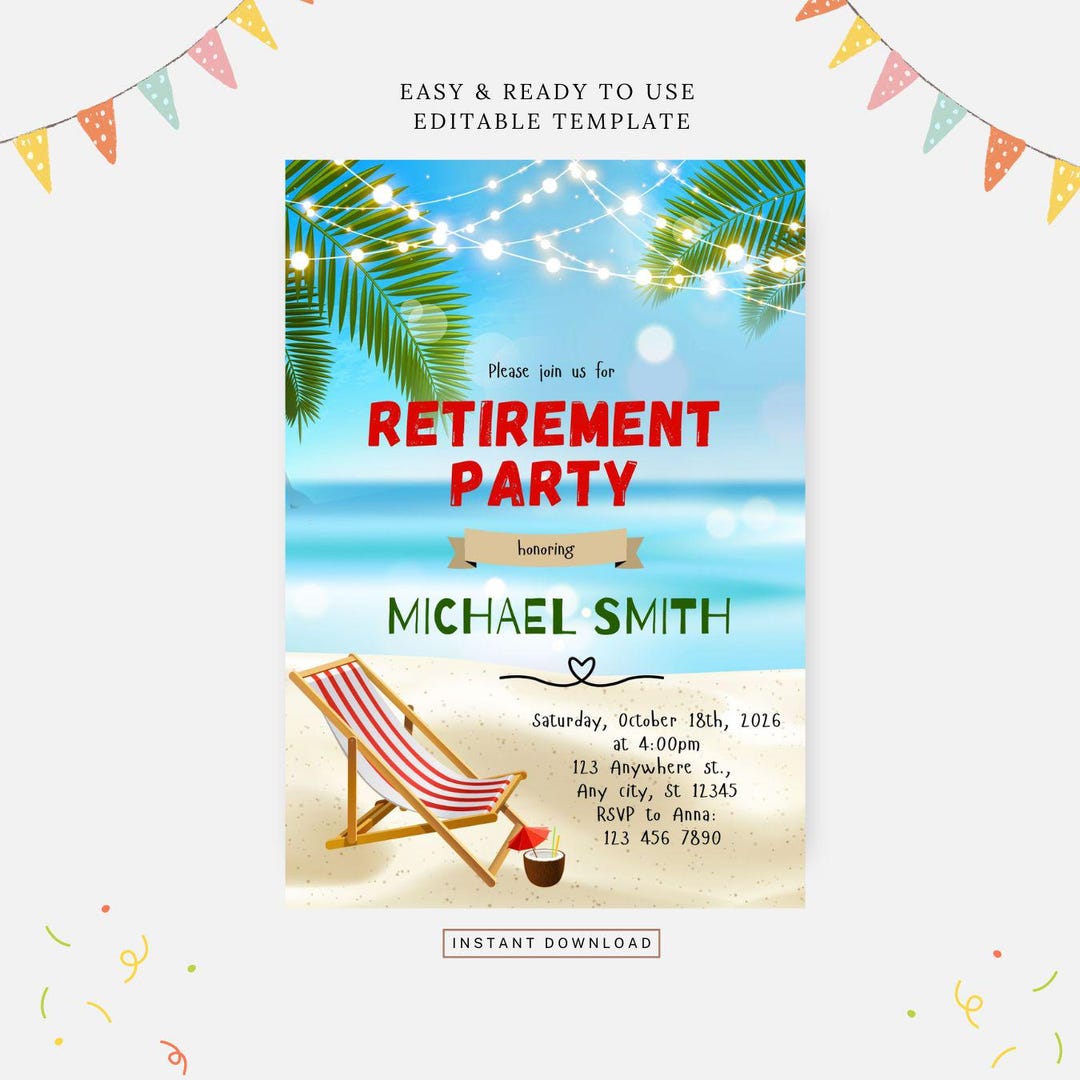 Beach Retirement Party Invitation, Editable Template, Instant Download ...