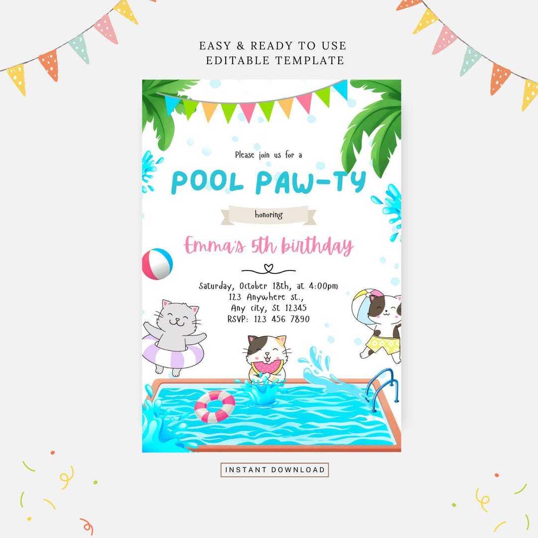 Cat Kitten Pool Party Invitation, Editable Template, Instant Download ...