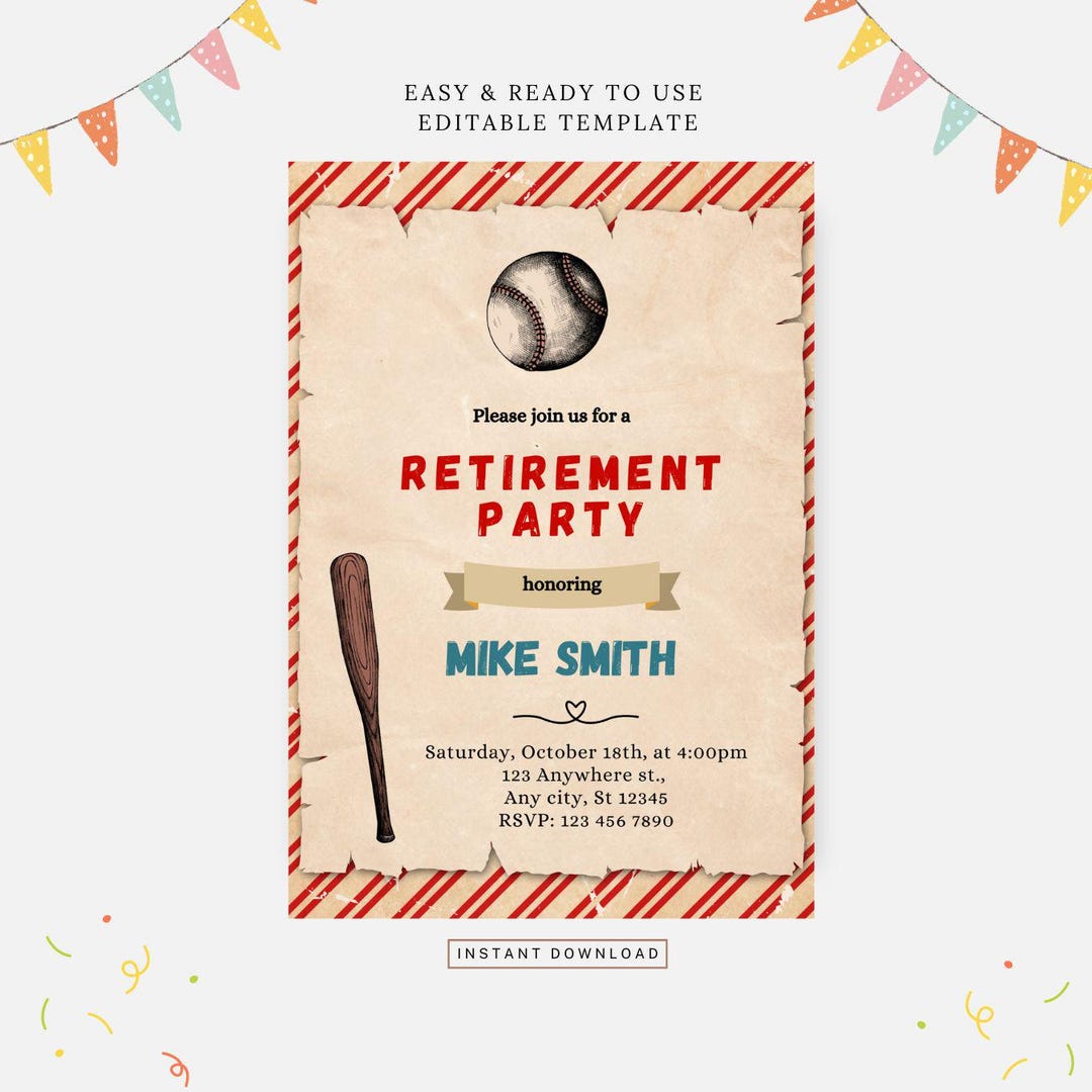 Baseball Retirement Invitation, Editable Template, Instant Download ...