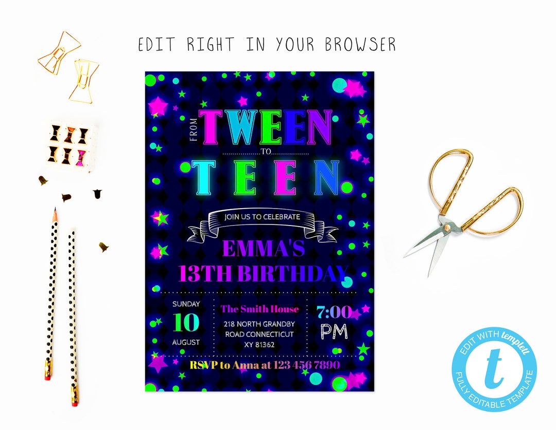 Cute Glow Tween Party Tem, TRY BEFORE You BUY, Instant Download, Edit ...