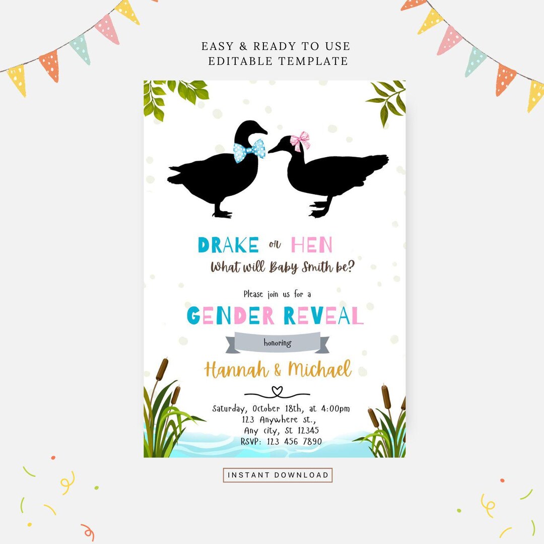 Drake or Hen Gender Reveal Invitation, Editable Template, Instant ...