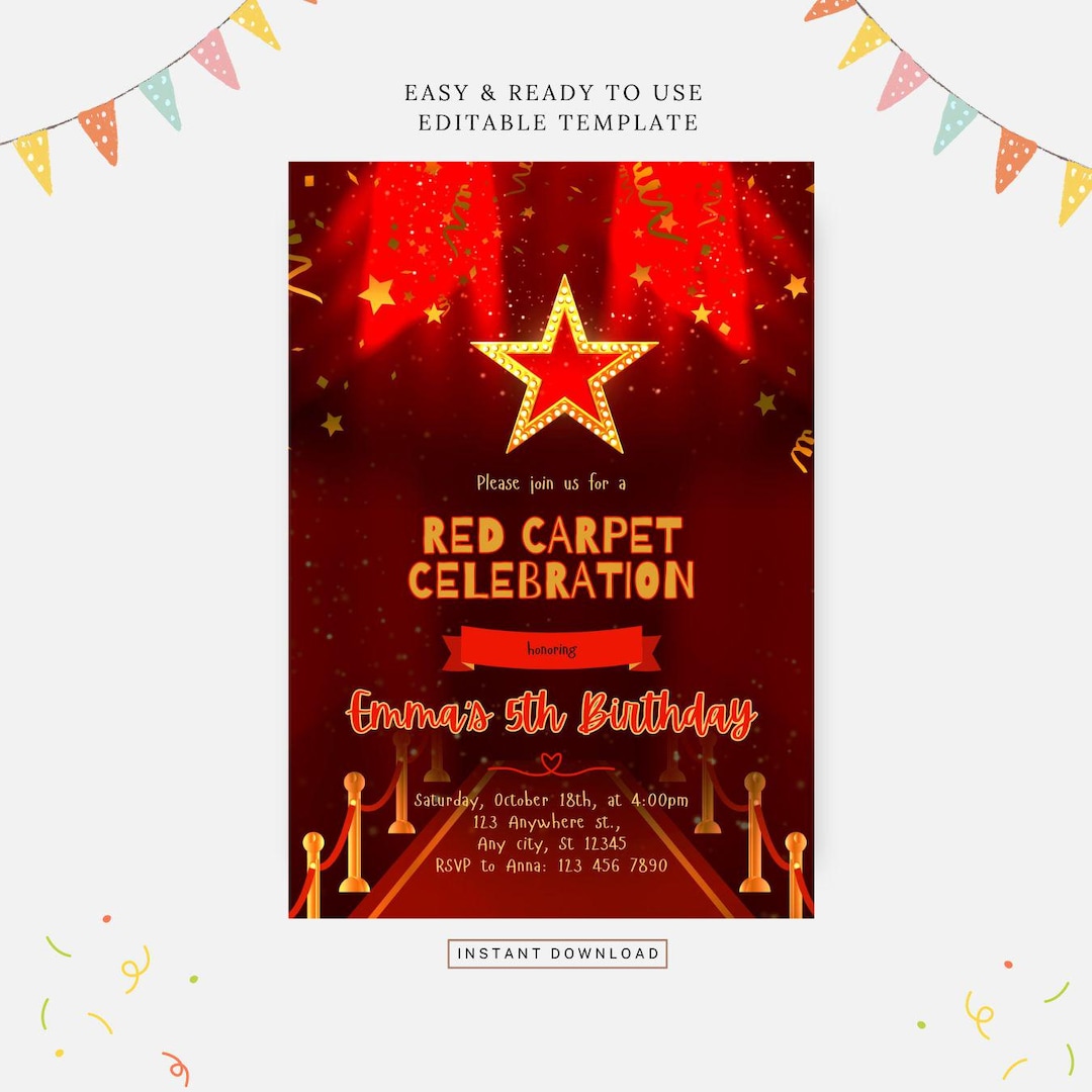 Red Carpet Birthday Party Invitation, Editable Template, Instant ...