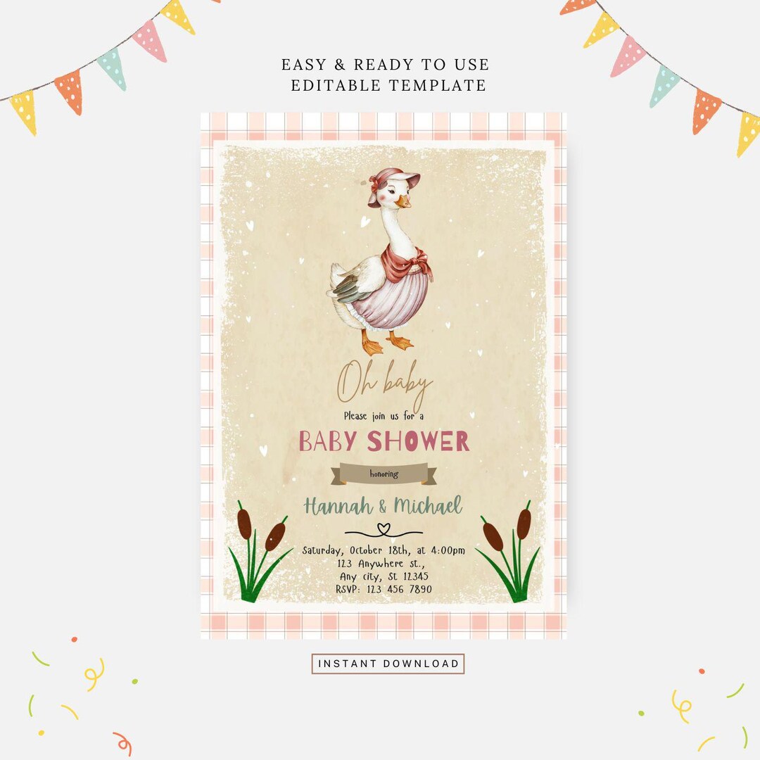 Goose Baby Shower Invitation, Editable Template, Instant Download, DIY ...