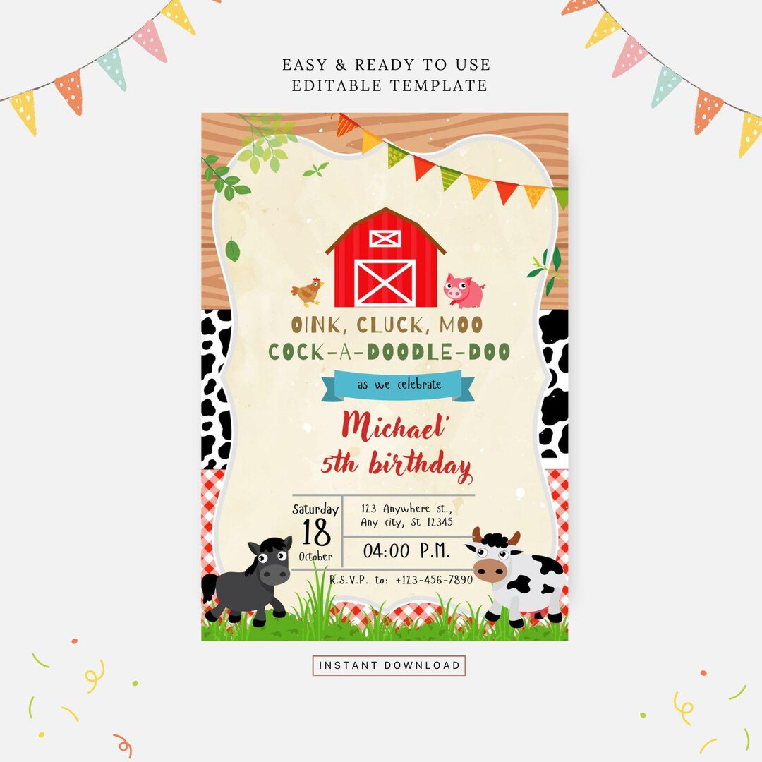 Cute Farm Boy Birthday Party Invitation, Editable Template, Instant ...