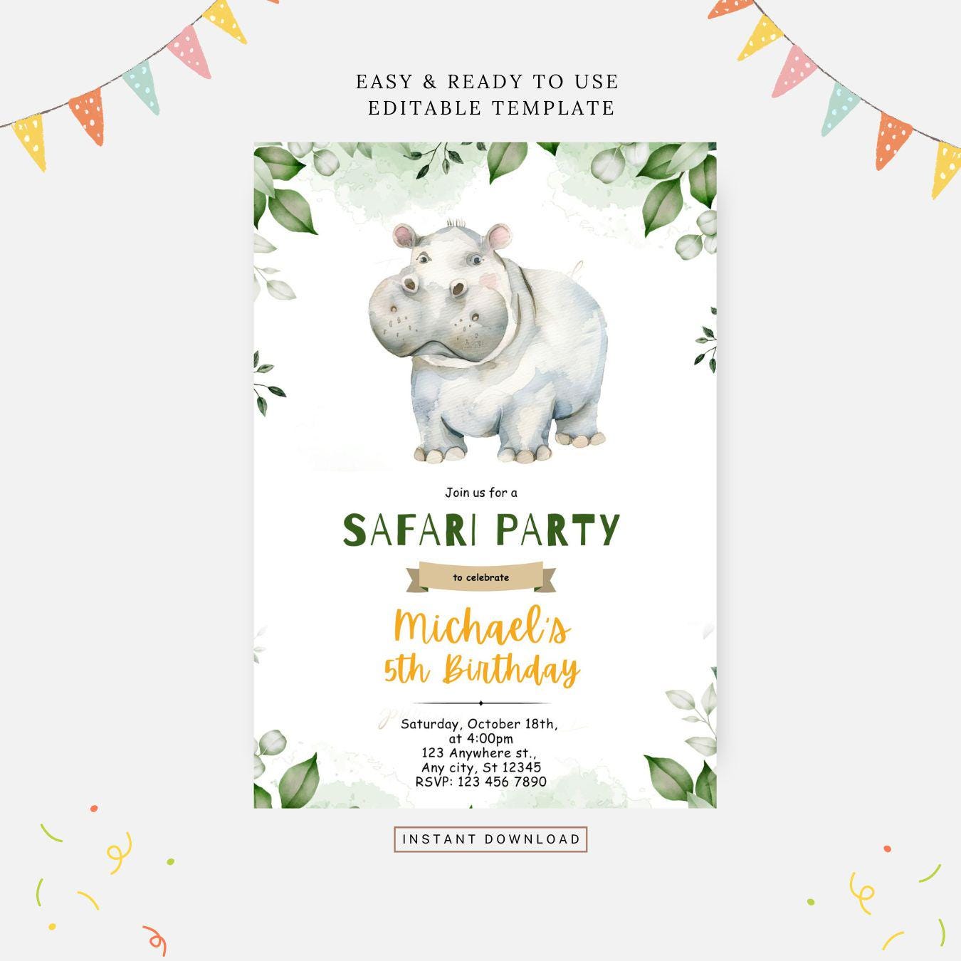 Hippo Party Invitation, Editable Template, Instant Download, DIY ...