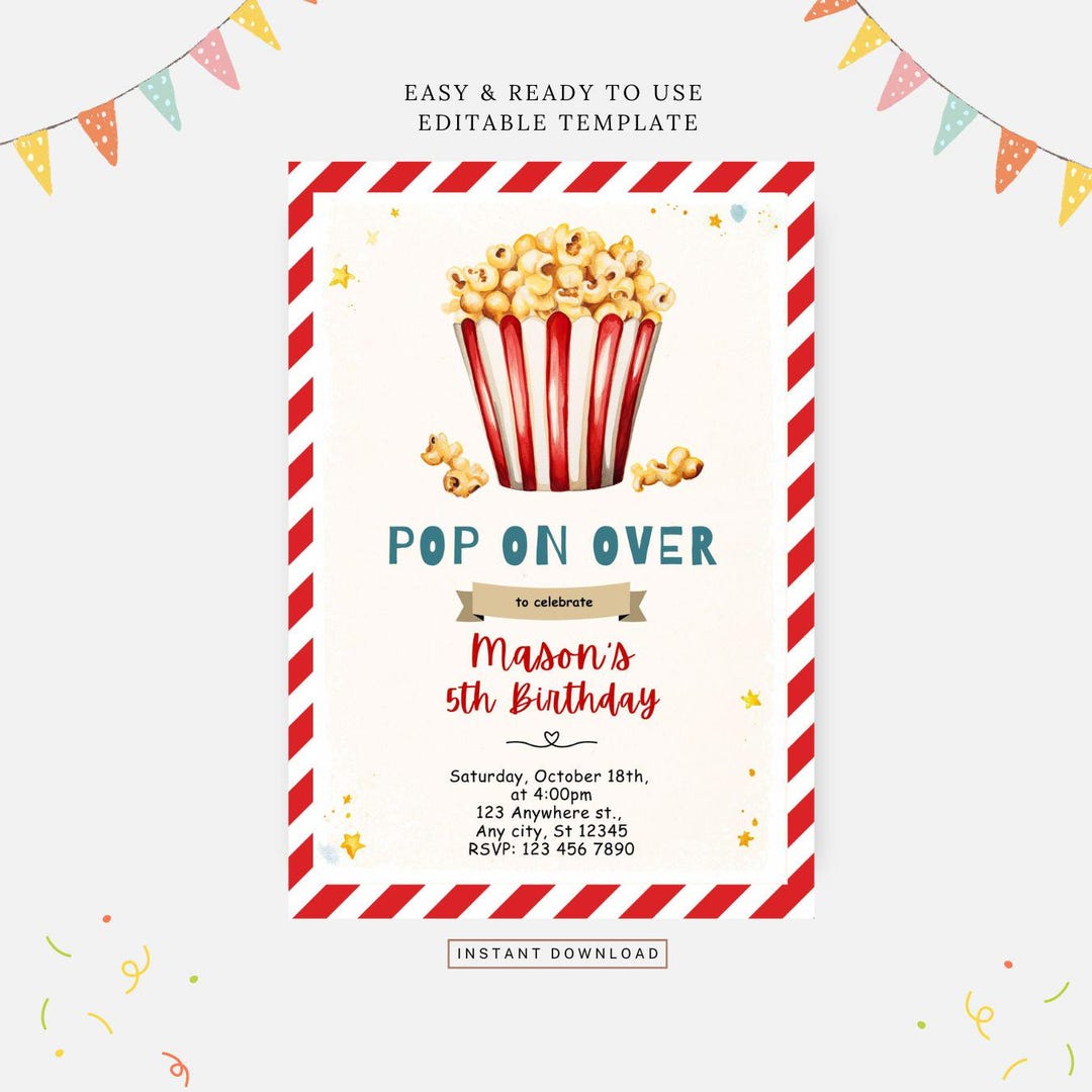 Popcorn Invitation, Editable Template, Instant Download, DIY Invitation ...