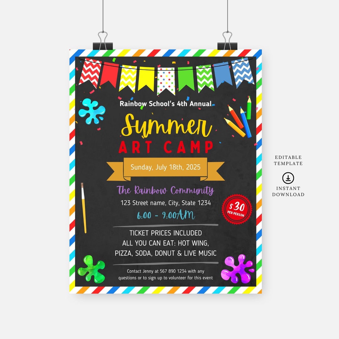 Summer Art Camp Flyer, Editable Template, Instant Download, DIY Flyer ...