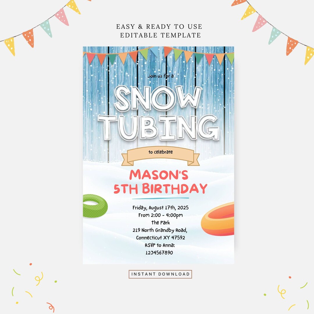 Cute Snow Tubing Birthday Party, Editable Template, Instant Download ...