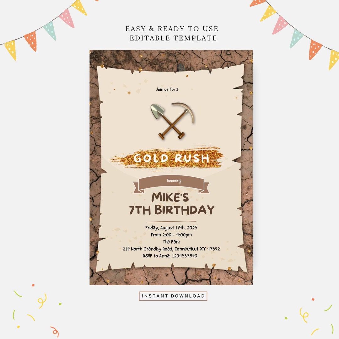 Gold Rush Birthday Party, Editable Template, Instant Download, DIY ...
