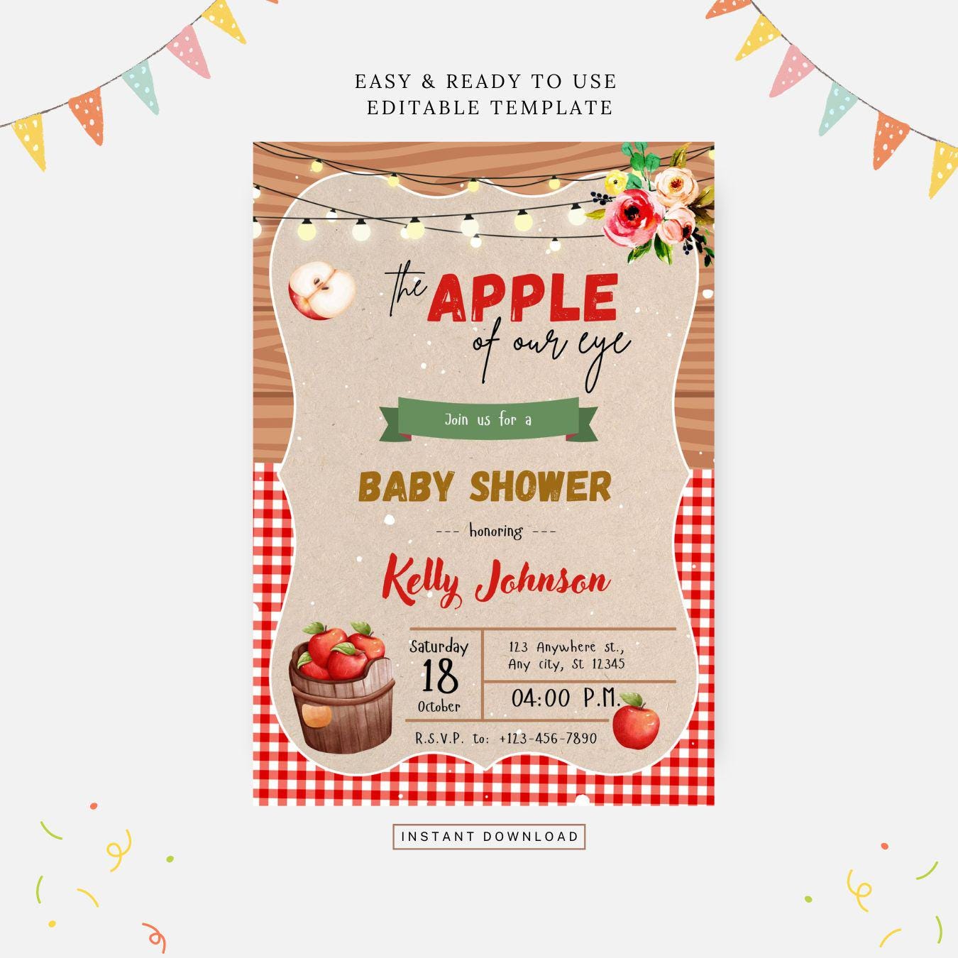 Apple Party Invitation, Editable Template, Instant Download, DIY ...