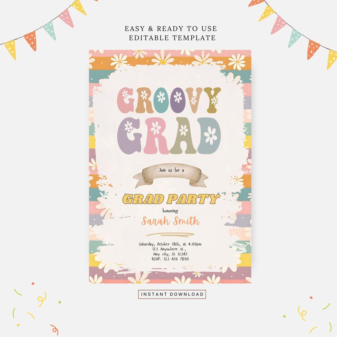 Groovy Grad Invitation, Editable Template, Instant Download, DIY ...