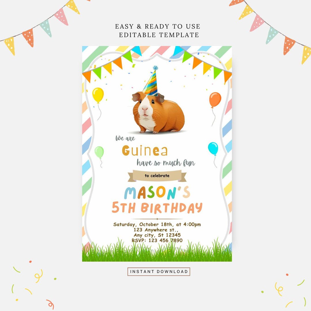 Guinea Pig Birthday Invitation, Editable Template, Instant Download ...