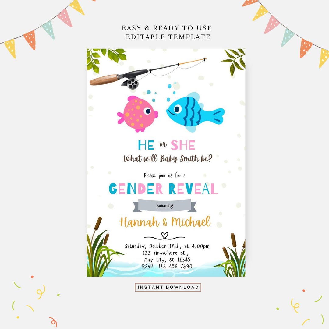 Fish Gender Reveal Invitation, Editable Template, Instant Download, DIY ...