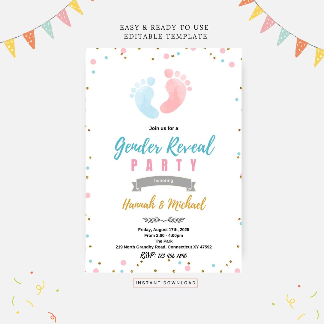 Baby Footprint Gender Reveal Party, Editable Template, Instant Download ...